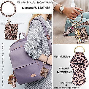 BIHRTC Wristlet Bracelet Keychain Card Holder Key Bangle PU Leather Wristlet Keyring Bracelets Tassel Keychain Round Key Ring with Charpstick Holder for Girls Leopard