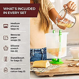 Reusable Silicone Food Storage Bags Bundle, 15 Pack | Includes 35oz Medium Food Preservation Bags set of (4), Beeswax Wrap Set of (3), Silicone Stretch Lids Set of (6), Bag Holder & Cotton Storage Bag as Packaging