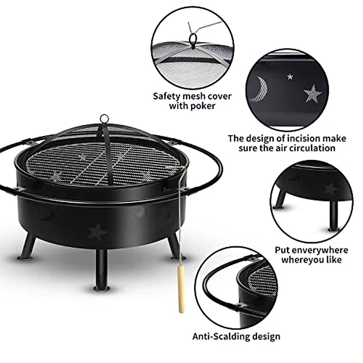 WASAKKY Fire Pits Wood Burning Grill - 30” Round Steel Deep Bowl Firepit - Backyard Cosmic，Stars and Moons Firepit 2-in-1 for Outside Patio Cooking Black