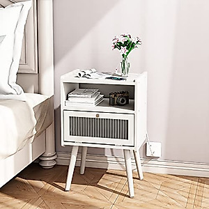 SOOWERY Mid Century Modern Nightstand with Charging Station, Bedside Tables with Glass Decorative Door, End Table Side Table with 2 Tiers Storage Space, for Bedroom, Living Room, White