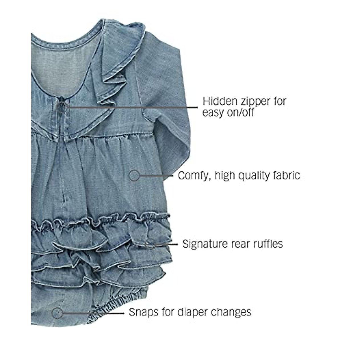RuffleButts® Baby/Toddler Girls Light Wash Denim V-Back Bubble Romper - 0-3m