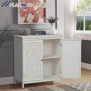 MAISON ARTS White Accent Cabinet with 2 Doors Sideboard Buffet Storage Cabinet Decorative Distressed Cabinet with Carved Pattern Doors for Bedroom Living Room Kitchen Farmhouse, White Embossed Flower