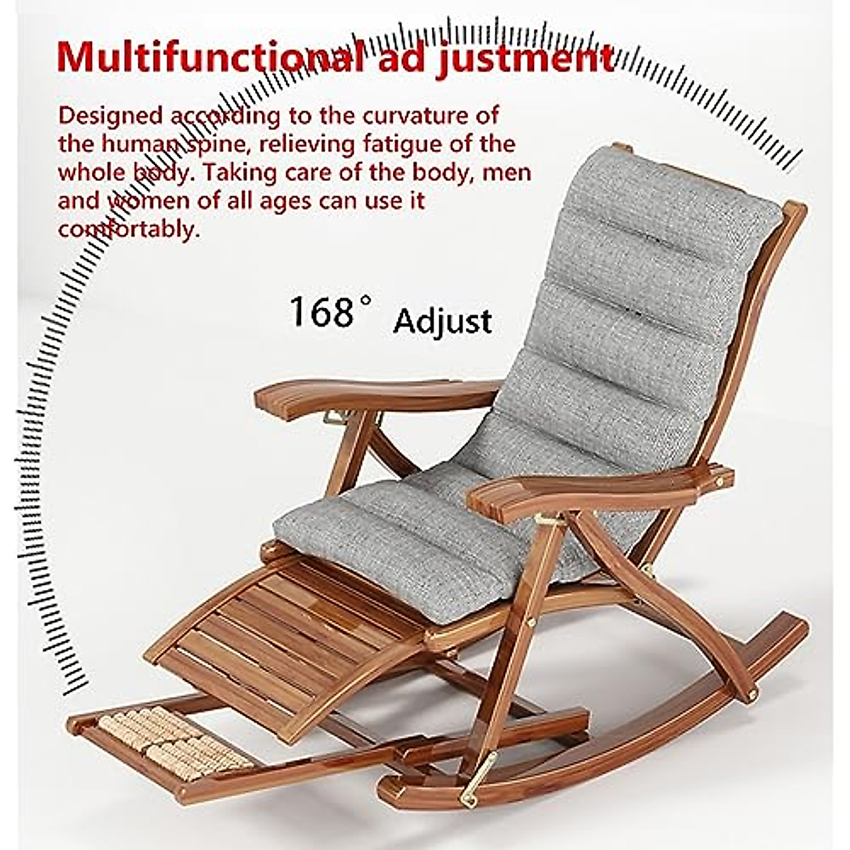 LEIYTFE Garden Bamboo Rocking Chair Folding Reclining Patio Chairs Adjustable Back Balcony Lounge Chair with Foot Massage,Upholstered Rocker Chair for Elderly (Color : Gray, Size : Log)