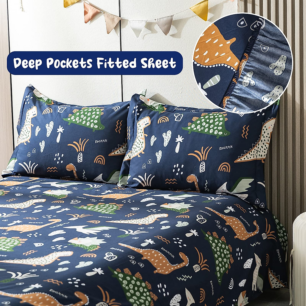 HollyHOME 7 Pieces Teens Comforter Set Dinosaur Pattern Bed in A Bag Bedding Set for Boys, Blue, Full/Queen