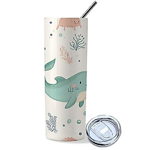 Tumbler with Lid and Straw Cute Cartoon Sea World thermos coffee travel mugcute cups 20 oz insulated tumbler for Daily Holiday Decor Gift coffee cup