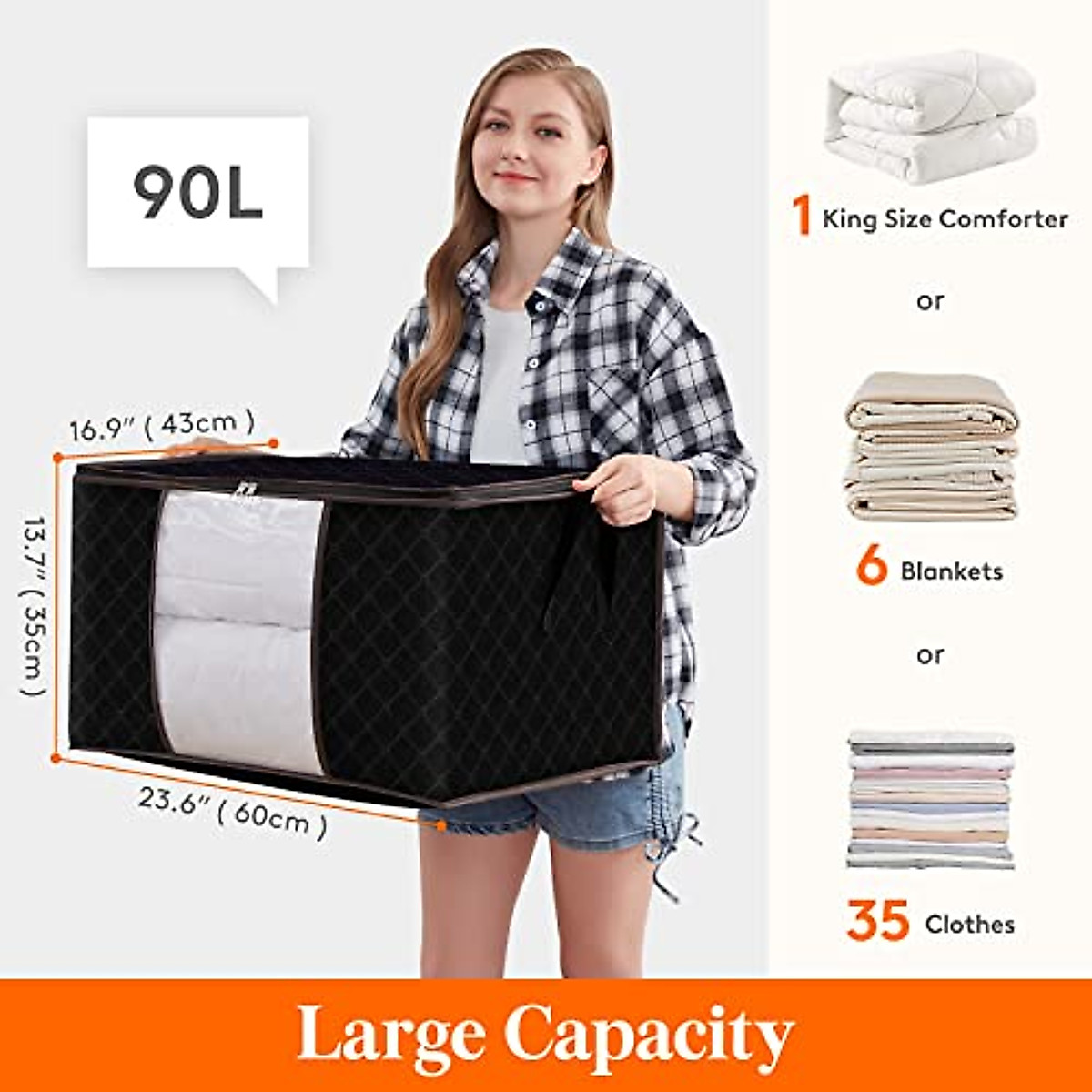 Lifewit 90L Large Storage Bags, 6 Pack Closet Organizers and Storage, Clothes Foldable Storage Bins with Reinforced Handles, Storage Containers for Clothing, Blanket, Comforters,Bedding, Black