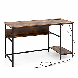 Tangkula 55 Inch Computer Desk with 4 Power Outlets & 2 USB Ports, Home Office Desk with Built in Charging Station with Switch, Computer Workstation Writing Study Desk with Storage Shelf & CPU Stand