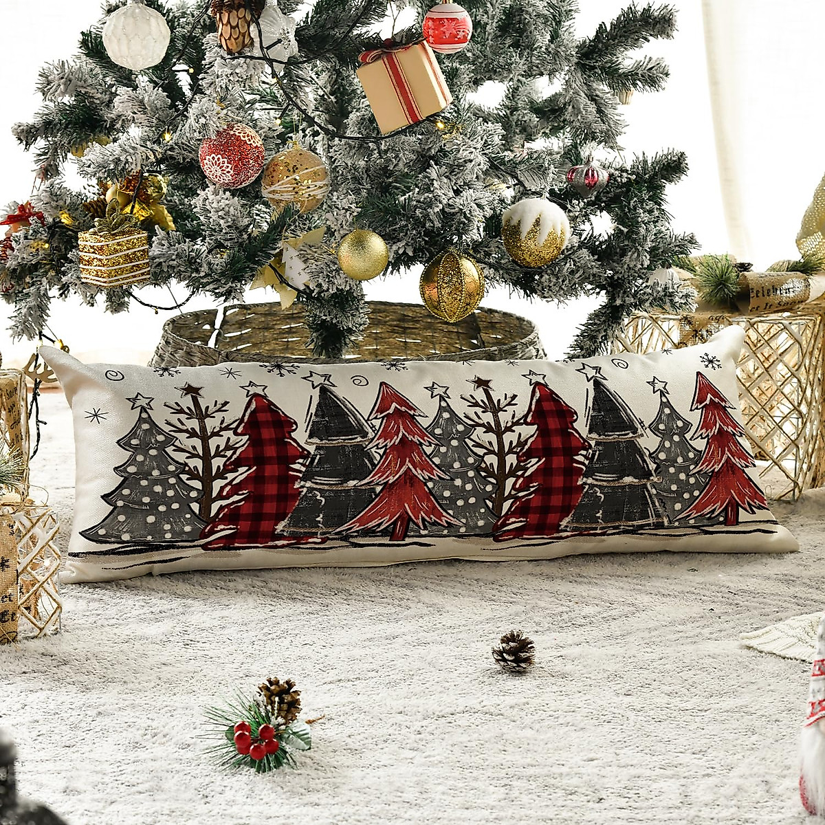 AVOIN colorlife Watercolor Red and Black Buffalo Plaid Christmas Trees Long Lumbar Pillow Cover 14 x 36 Inch, Winter Holiday Long Body Pillow Case for Bed Sofa Bench