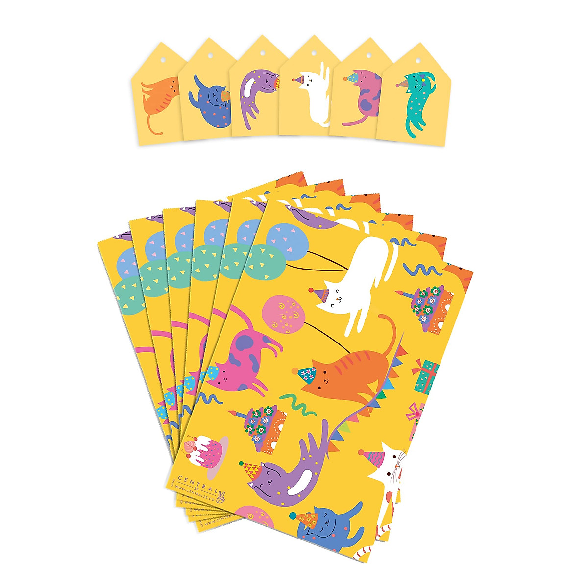 CENTRAL 23 Cat Birthday Wrapping Paper - 6 Sheets Yellow Gift Wrap - Cat Themed Gifts For Girls - Cat Wrapping Paper For Men And Women - Comes With Cute Stickers