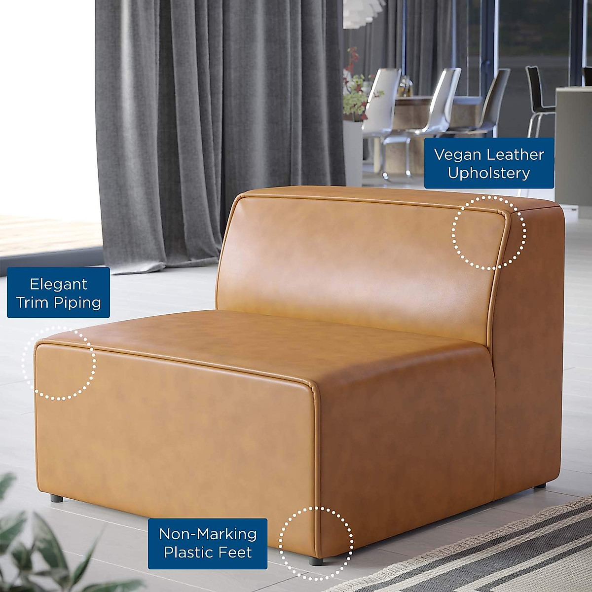 Modway Mingle Vegan Leather Sectional Sofa Armless Chair in Tan