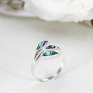 AeraVida Tropical Rainbow Abalone Shell Leaf Wrap .925 Sterling Silver Ring (7)