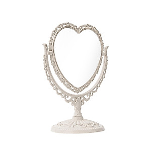 JDPEYI-Heart Shaped Mirror - Coquette Room Decor for Desk & Vanity -Double-Sided Rotatable Cute Magnifying Mirror with Stand (Beige)