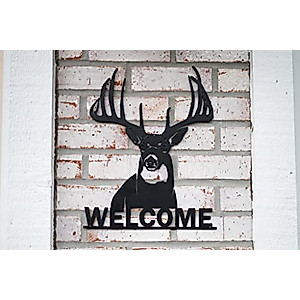 Welcome Whitetail Deer Buck Metal Wall Art Sign | Laser Cut | Black | Home Cabin Decor | Big Game Steel