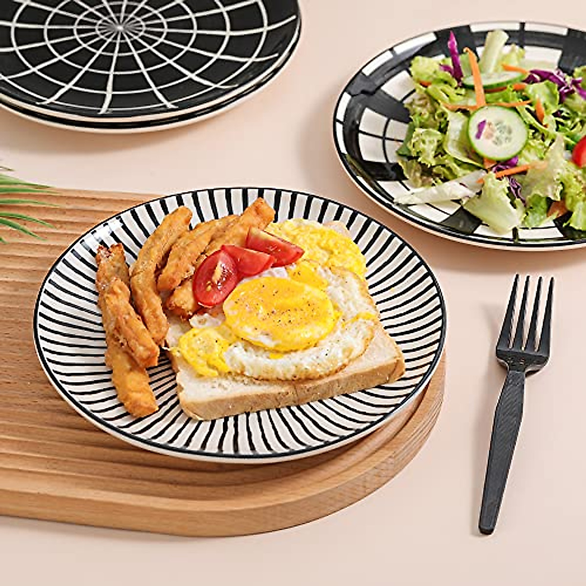 AHX Black Plate Set 8 Inch - Salad Plates | Dessert Appetizer Plates - Porcelain Lunch Plates - Set of 6 - Dishwasher and Microwave Safe