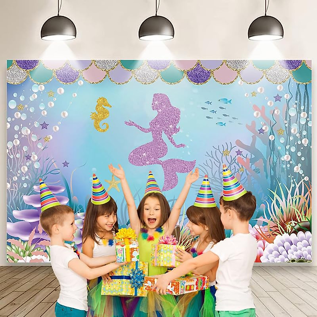 Under The Sea Mermaid Photography Backdrops Mermaid Scales Photo Background Purple Blue Mermaid Pearl Whale Decor Happy Birthday Party Banner 71x44 inch Polyester Fabric Baby Shower