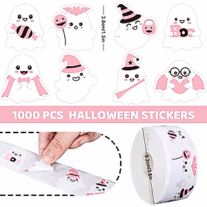 AnyDesign 1000Pcs Halloween Stickers Roll Pink Ghost Self Adhesive Stickers Round Label Stickers Decals for Crafts Gifts Candy Bags Party Supplies, 8 Designs