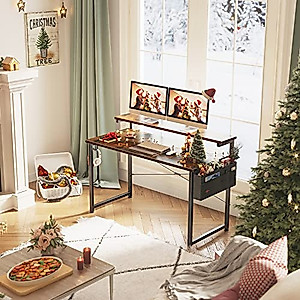 ODK Computer Desk with Adjustable Monitor Shelves, 48 inch Home Office Desk with Monitor Stand, Writing Desk, Study Workstation with 3 Heights (10cm, 13cm, 16cm), Rustic Brown