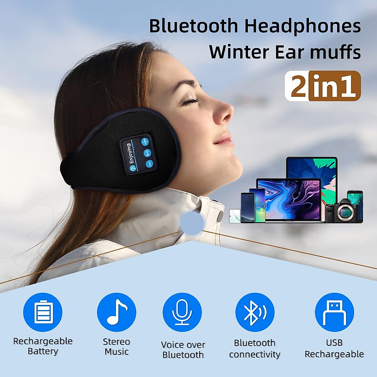 SYPVRY Bluetooth Ear Muffs Winter Ear Warmer Wireless Headphones Adjustable Winter Ear Cover Built-in HD Speakers Mic Outdoor EarMuffs (Black)