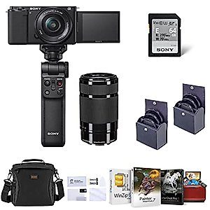 Sony ZV-E10 Mirrorless Camera with 16-50mm Lens & E 55-210mm f/4.5-6.3 OSS E-Mount Lens, Black Bundle with Vlogger Kit, Mac Photo Editing, Bag, Screen Protector, 2X Filter Kit