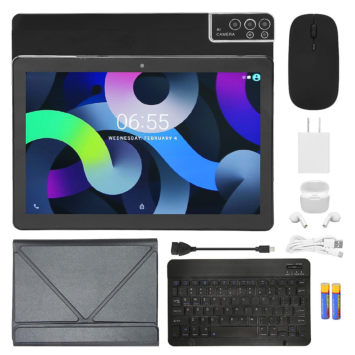 Haofy Gaming Tablet, Office Tablet Dual Camera 5G WiFi 10.1in FHD US Plug 100‑240V 3 Card Slots 4GB 64GB with Earbuds Mouse Keyboard for School (#1)