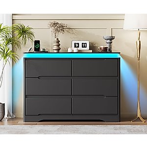 Fameill Black Dresser for Bedroom, 6 Drawer Dresser with LED Lights, Modern Dresser Organizer with Charging Station, Double Wide Chest of Drawers for Living Room, Entryway