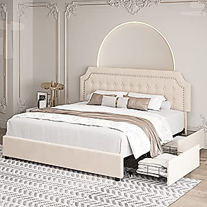 King Bed Frame with Storage and Adjustable Headboard, Bed Frame with 4 Drawers and Wooden Slats Support, No Box Spring Needed, Velvet, Beige