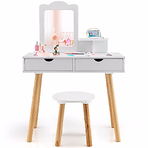 HONEY JOY Kids Vanity, Toddler Dressing Table & Chair for Bedroom, 2 Storage Drawer & Square Mirror, Princess Makeup Vanity Set for Little Girls Age 3+, Wood Girls Vanity Set w/Stool (White)
