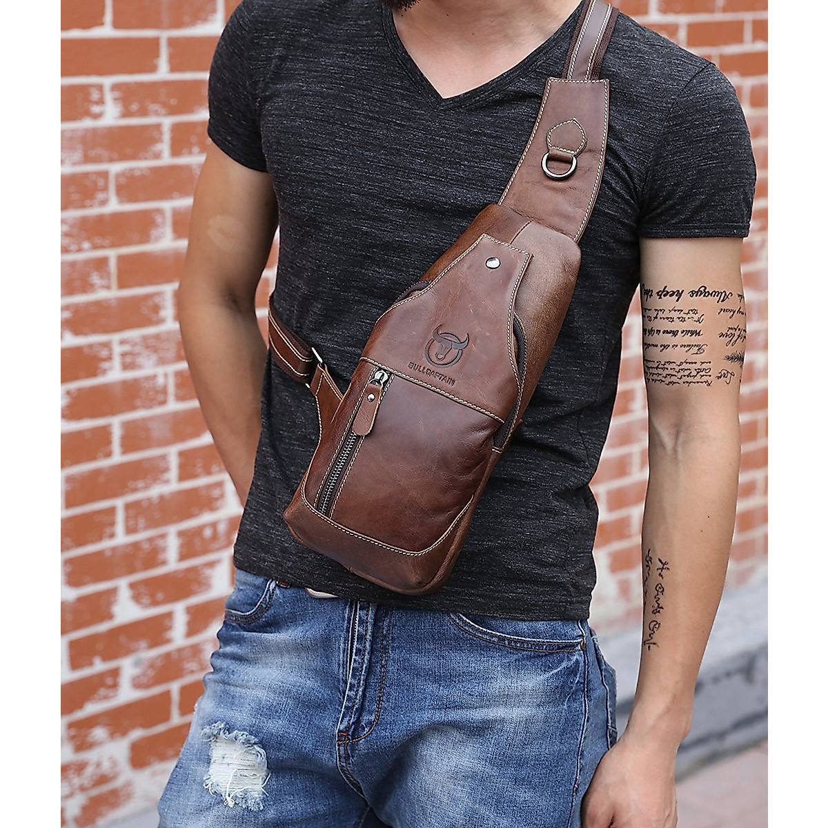 Men's Sling Bag Genuine Leather Chest Shoulder Backpack Cross Body Purse Water Resistant Anti Theft For Travel Hiking School