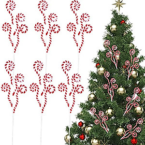 6 Pcs 16 Inch Red White Christmas Tree Picks Decoration Candy Cane Woolen Curly Pick Lollipop Large for Xmas Tree Topper Decor Home Vase Filler Craft Wreath Holiday Party Ornament Garland