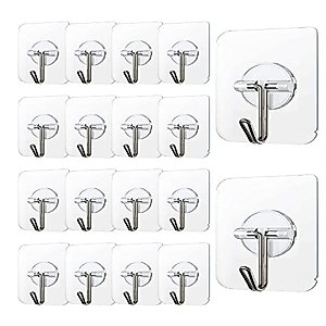 COLOGO Adhesive Hooks 24lb(Max) 60 Pack Heavy Duty Self Adhesive Hooks, Transparent Reusable Seamless Adhesive Wall Hooks for Kitchens, Bathroom, Office