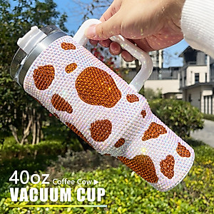 Cupcupmore 40oz Coffee Cow Bling Rhinestone Stainless Steel Sippy Tumbler Glitter Vacuum Insulated Water Bottle with Straw & Lid & Handle,Thermos for Hot & Cold Drinks,Car Cup Holder,Coffee