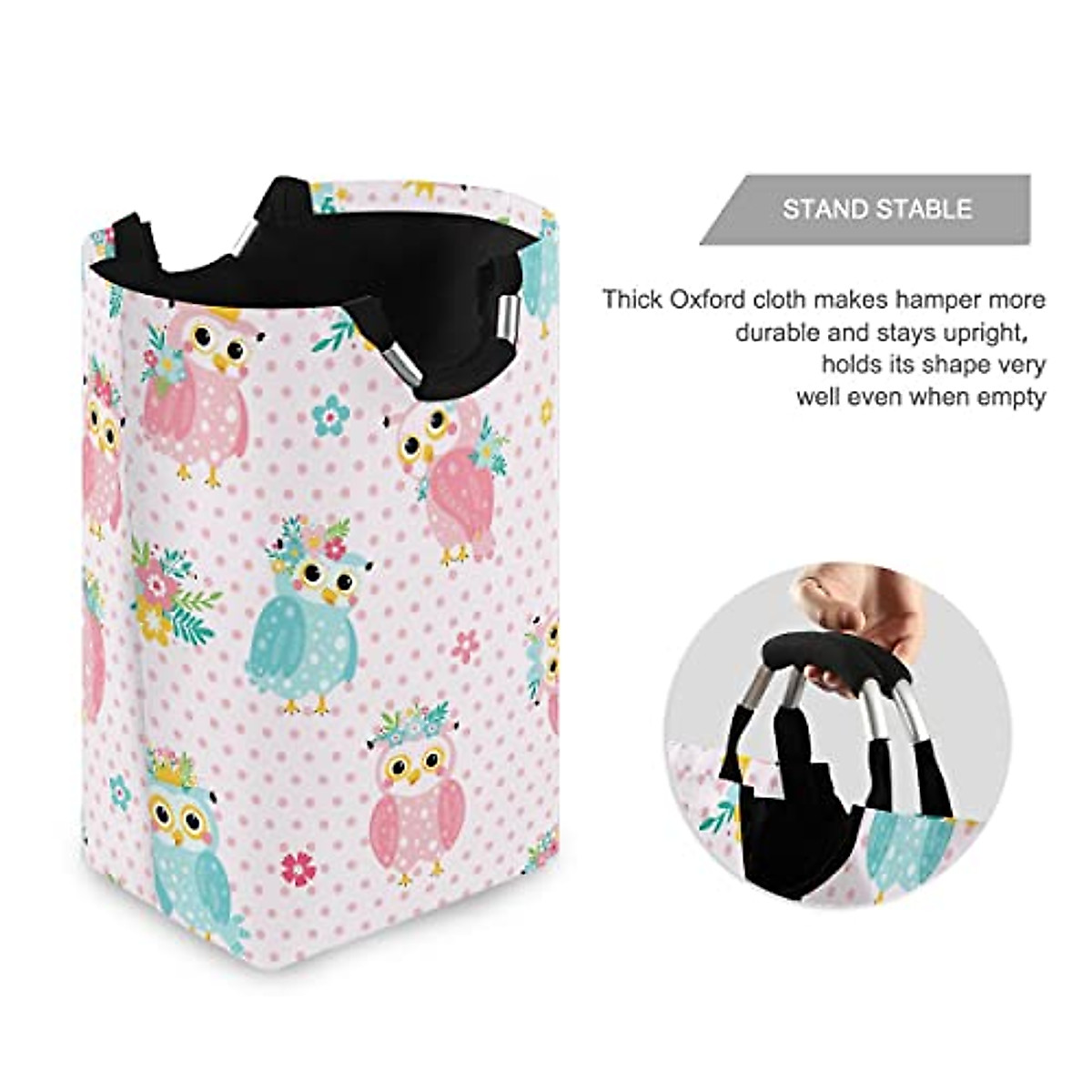 Exnundod Cute Flower Owls Laundry Basket Cartoon Style Large Laundry Hamper Folding Clothes Bag with Handle Oxford Clothes Washing Bin 22.7 Inch