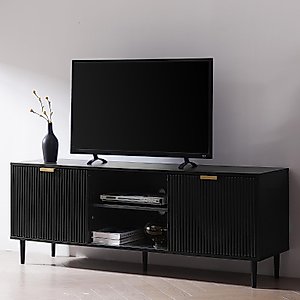 Okvnbjk Black TV Stand, Modern TV Consoles for Living Room 65+ Inch TV, Fluted Panel Media Console with Sliding Doors & Ajustable Shelves, Entertainment Stand with Storage Cabinets