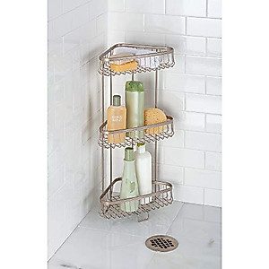iDesign York Metal Wire Corner Standing Shower Caddy 3-Tier Bath Shelf Baskets for Towels, Soap, Shampoo, Lotion, Accessories, Satin