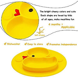 Linowos Silicone Divided Toddler Plates, Portable Non Slip Suction Plates for Children Babies and Kids BPA Free Baby Dinner Plate (Duck-Yellow) 1