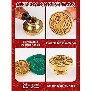 Christmas Wax Seal Stamp Kit Lanstics Wax Seal Stamp Brass Head, 200Pcs Sealing Wax Beads in 4 Colors, Wooden Hilt, Melting Spoon, Tea Candles for Cards Envelopes, Gift Packaging