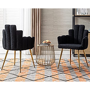 VESCASA Sherpa Accent Chairs with Petal Back, Mid-Century Modern Upholstered Dining Chairs with Arms, Makeup Vanity Chairs with Gold Metal Legs for Living Room/Bedroom, Set of 2, Black