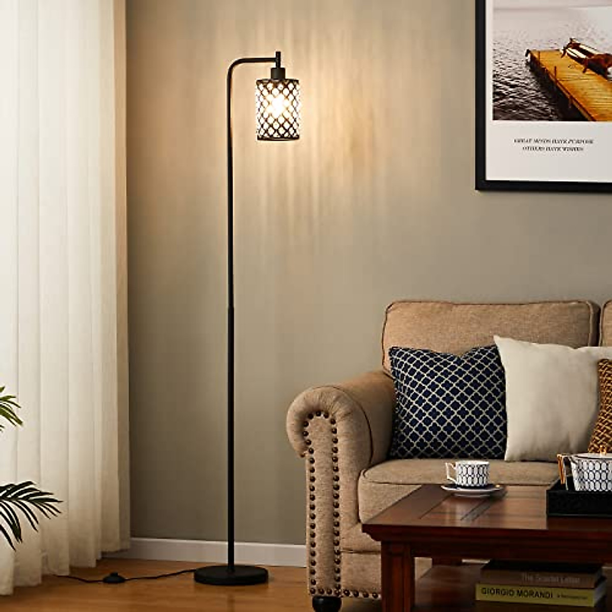 Hong-in Crystal Floor Lamp - Tall Lamp with 6W LED Bulb, Modern Standing Floor Lamps for Living Room with Foot Switch, Black Floor lamp for Bedroom Office Reading Dining Room Kitchen, 64.6 Inch