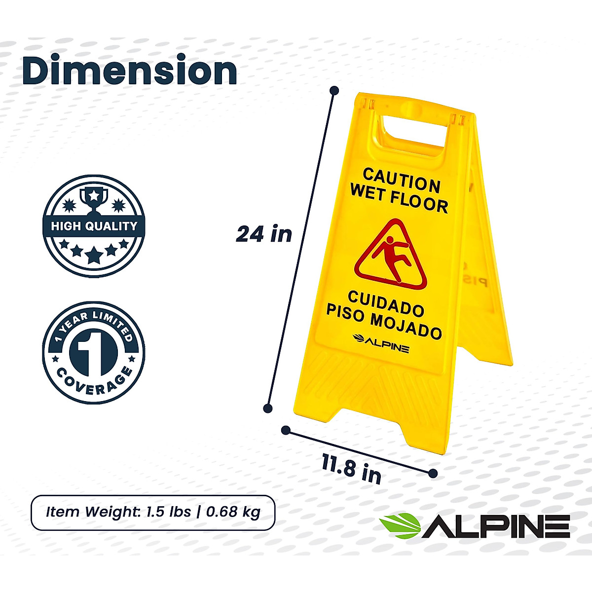 Alpine Wet Floor Signs 3 Pack - 24 Inch Caution Wet Floor Sign, High Visibility Yellow Slippery When Wet Sign - Bilingual Safety Warning Sign to Easily Avoid Slippery Accidents in High Traffic Areas