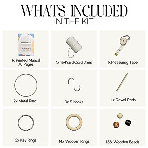 CULETCRAFT Macrame Kit for Beginners 153pc, 15 Projects Book, 164yd Cotton Macrame Cord, Wooden Beads & Sticks, Wooden & Metal Rings, Gift Box, Book & Accessories, Perfect Macrame Starter Kit