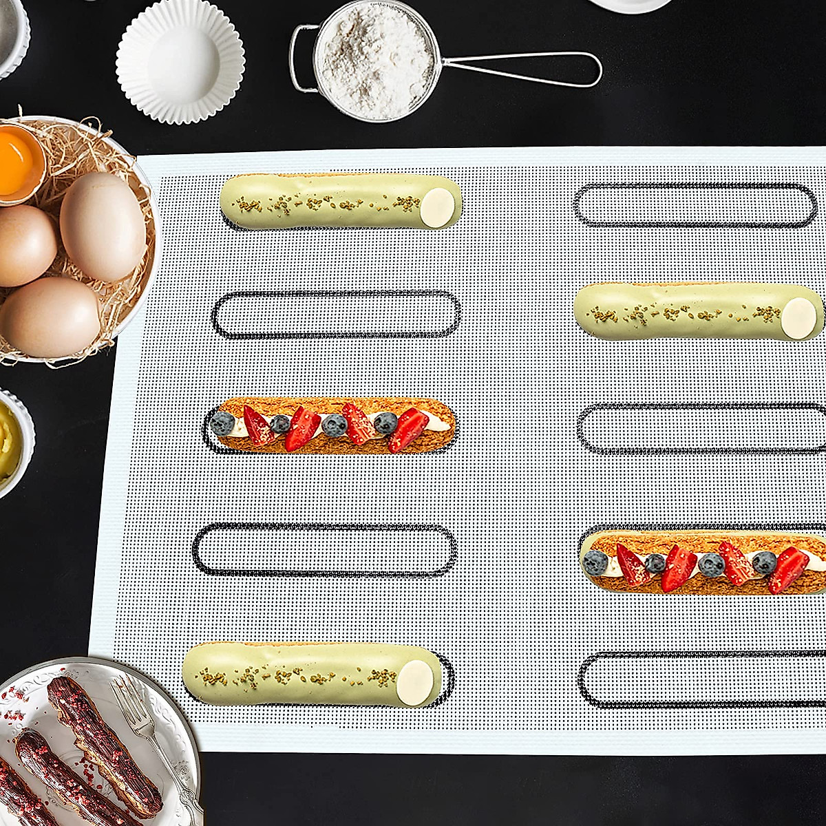 Firsmat 2 Pk Perforated Eclair Mesh Mat Silicone baking mats for Bread Tartlets Cookies Oven Sheets (11-4/5" x 15-3/4")