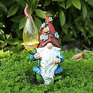 Ovewios Garden Gnome Statue - Large Gnomes Figurine in Red Flower Hat with Solar Light Resin Garden Decoration for Outside Patio Yard Lawn Porch Outdoor Summer Decoration Gifts…