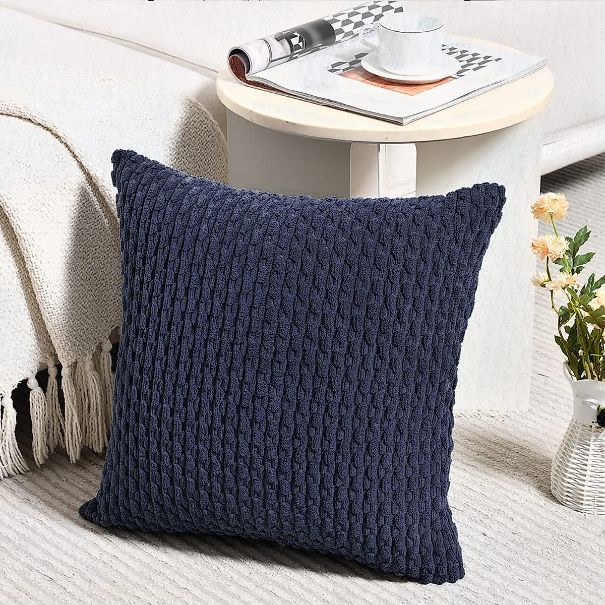 Fancy Homi 2 Packs Navy Blue Decorative Throw Pillow Covers 18x18 Inch for Couch Bed Sofa, Modern Farmhouse Boho Home Decor, Soft Cute Plush Corduroy Cushion Case 45x45 CM