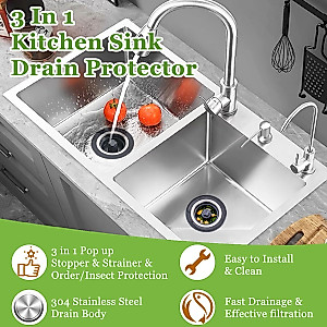 WSYLEN 3 in 1 Kitchen Sink Drain Strainer and Stopper Combo, Stainless Steel Pop Up Kitchen Sink Stopper, Sink Drain Strainer for Standard 3-1/2 Inch Drain