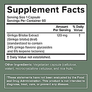 Prominent Nutrition Ginkgo Biloba 120mg - Ginkgo Biloba Leaf Extract, Herbal Supplements to Help Support Memory & Focus- Vegan, Non-GMO, Gluten-Free, Soy-Free, 60 Day Supply