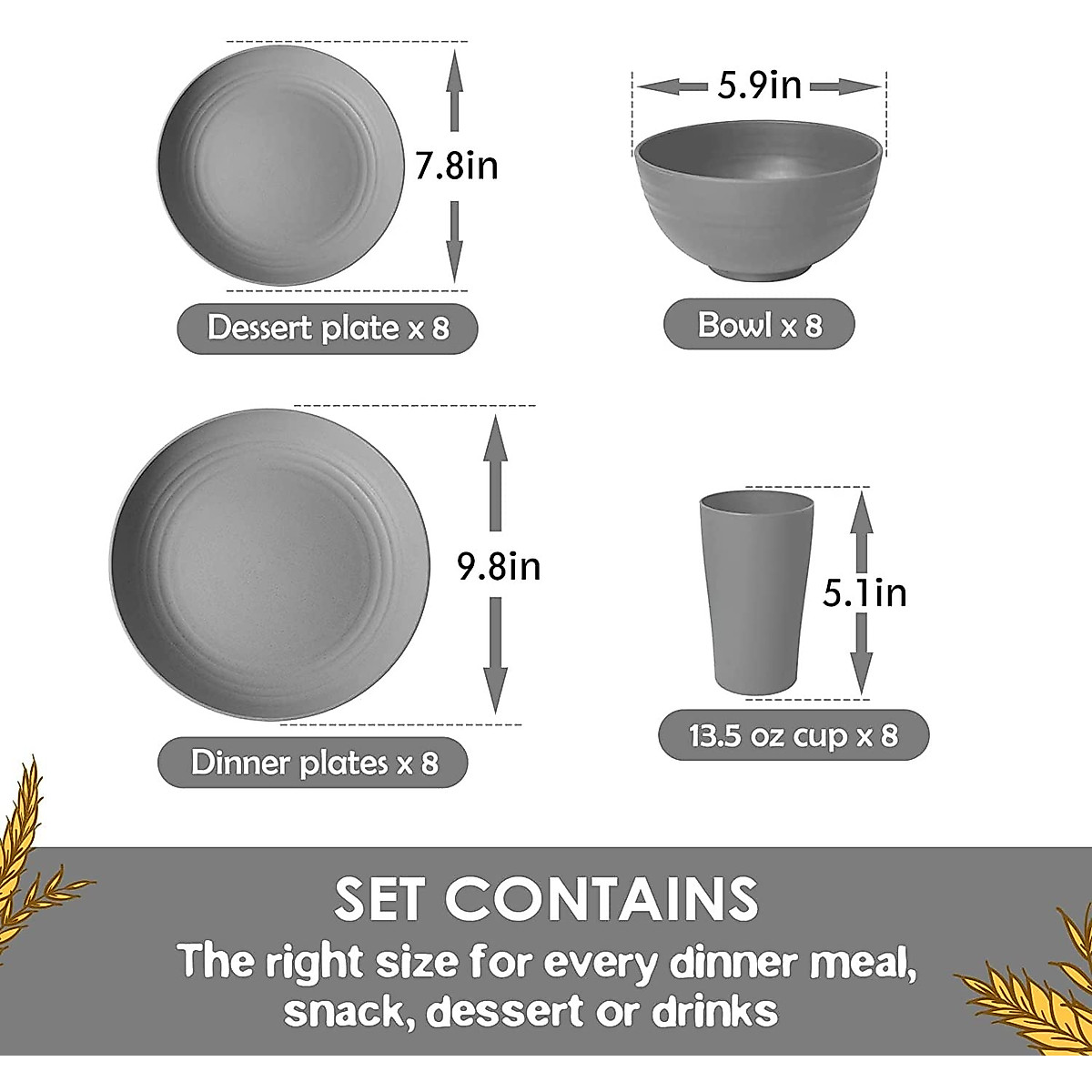 Teivio 32-Piece Kitchen Plastic Wheat Straw Dinnerware Set, Service for 8, Dinner Plates, Dessert Plate, Cereal Bowls, Cups, Unbreakable Colorful Plastic Outdoor Camping Dishes, Grey