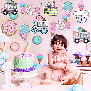 Sweet Comic Ice Cream Donut Hanging Swirl Party Decor, Pastel Cartoon 2D Comic Donut/Candy Party Ceiling Streamers for Girl Ice Cream Theme Birthday Party Kids Candy Wedding Baby Shower Party Supplies