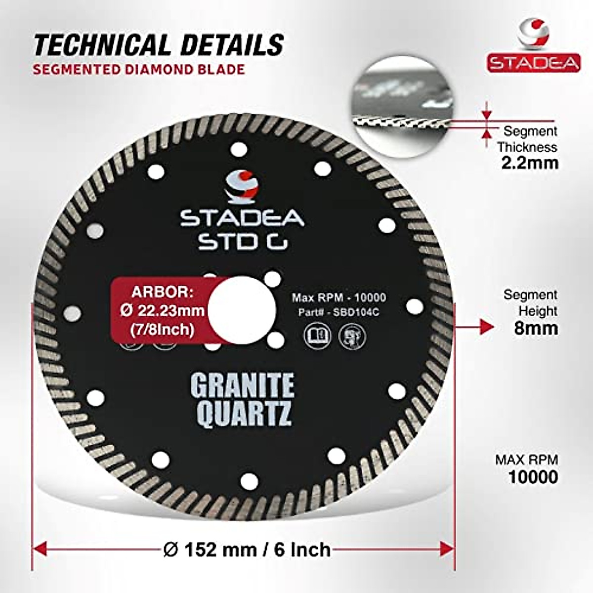 Stadea SBD104C Diamond Saw Blade 6-Inch Continuous Turbo Dry Cutting - Cuts Granite Quartz Quartzite, Fits Grinder, Saw Cutter, 8 MM Segments - Pack of 1