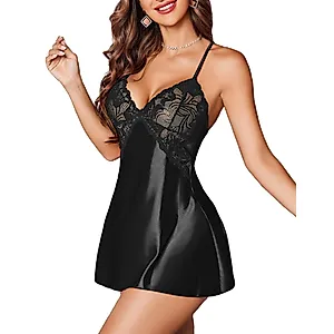 Avidlove Women Lingerie V Neck Nightwear Satin Sleepwear Lace Chemise Mini Teddy Black, Medium