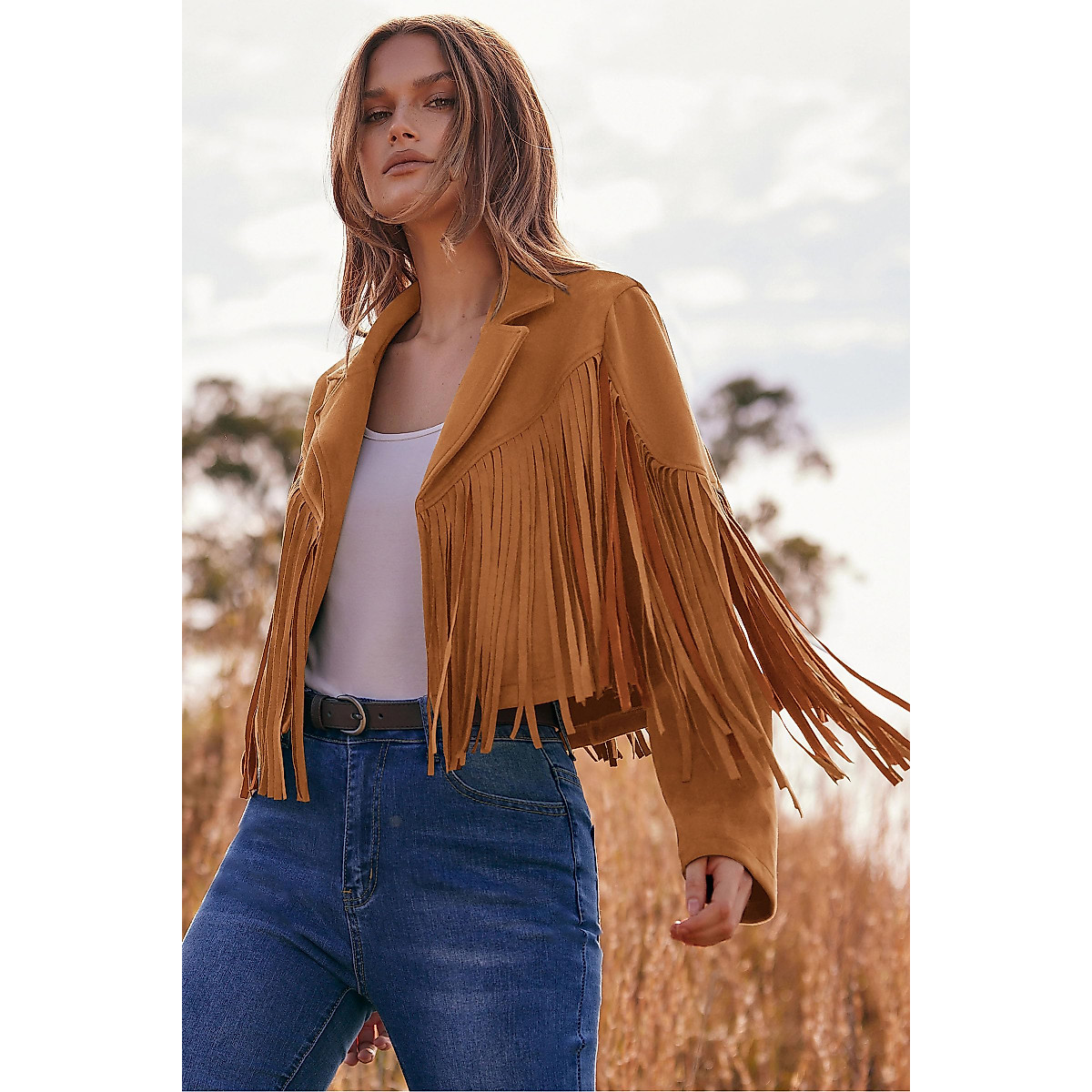 PRETTYGARDEN Women's Fringe Faux Suede Leather Jackets 2024 Fashion Tassel Motorcycle Cropped Coats (Brown Yellow,Large)